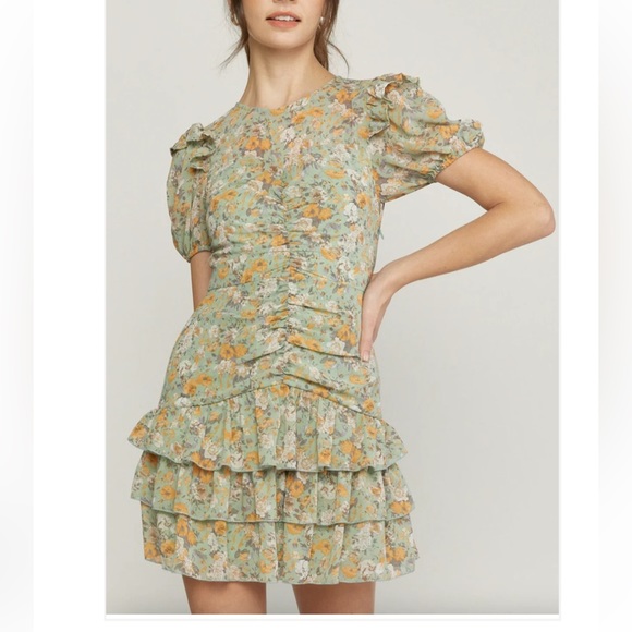 entro | Dresses | New Green Floral Chiffon Ruffle Fall Dress | Poshmark
